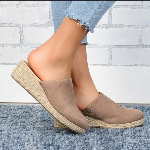 Shoes Women Big Size Low On A Wedge Flock Ladies' Slippers Cover Toe ...