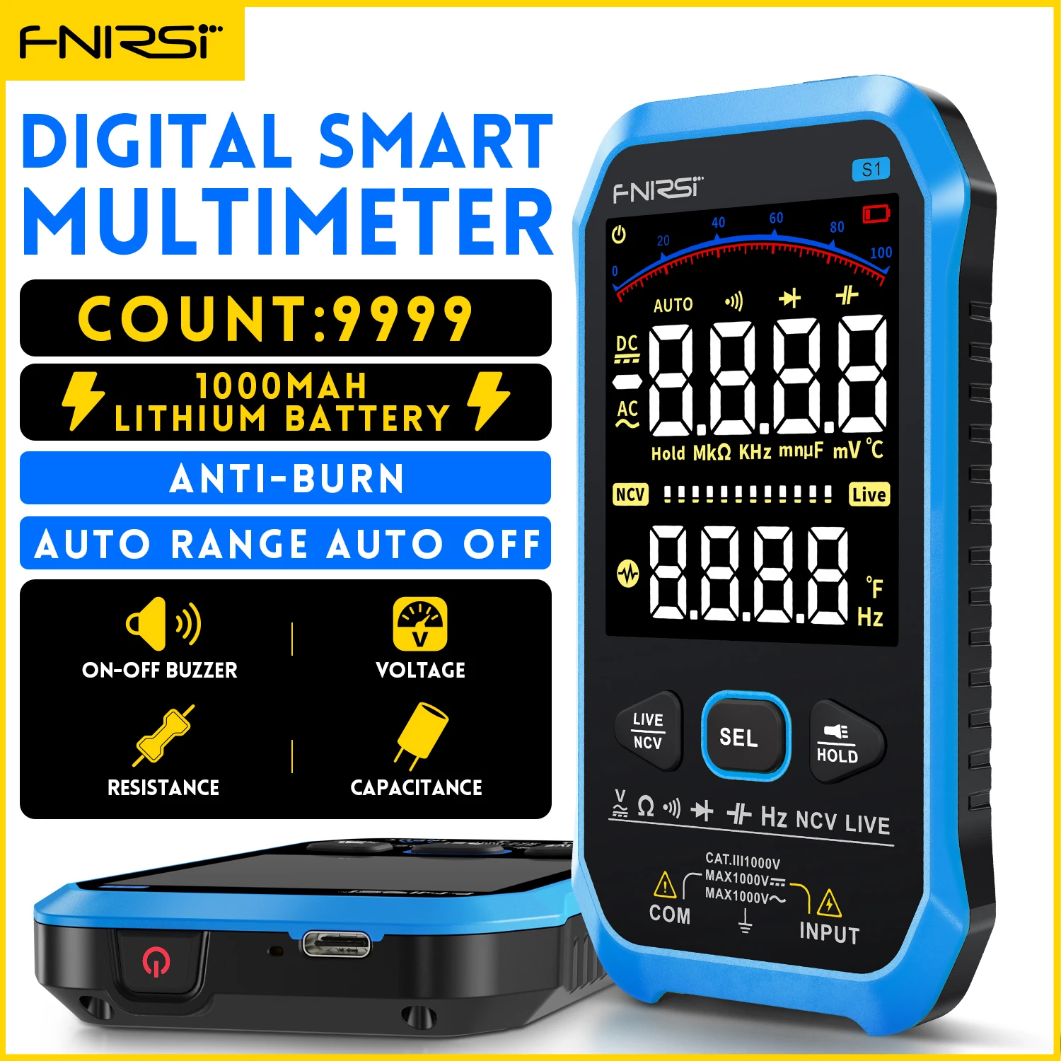 FNIRSI S1 Smart Digital Multimeter 9999counts AC DC Voltage Resistance Capacitance Diode NCV Hz ...