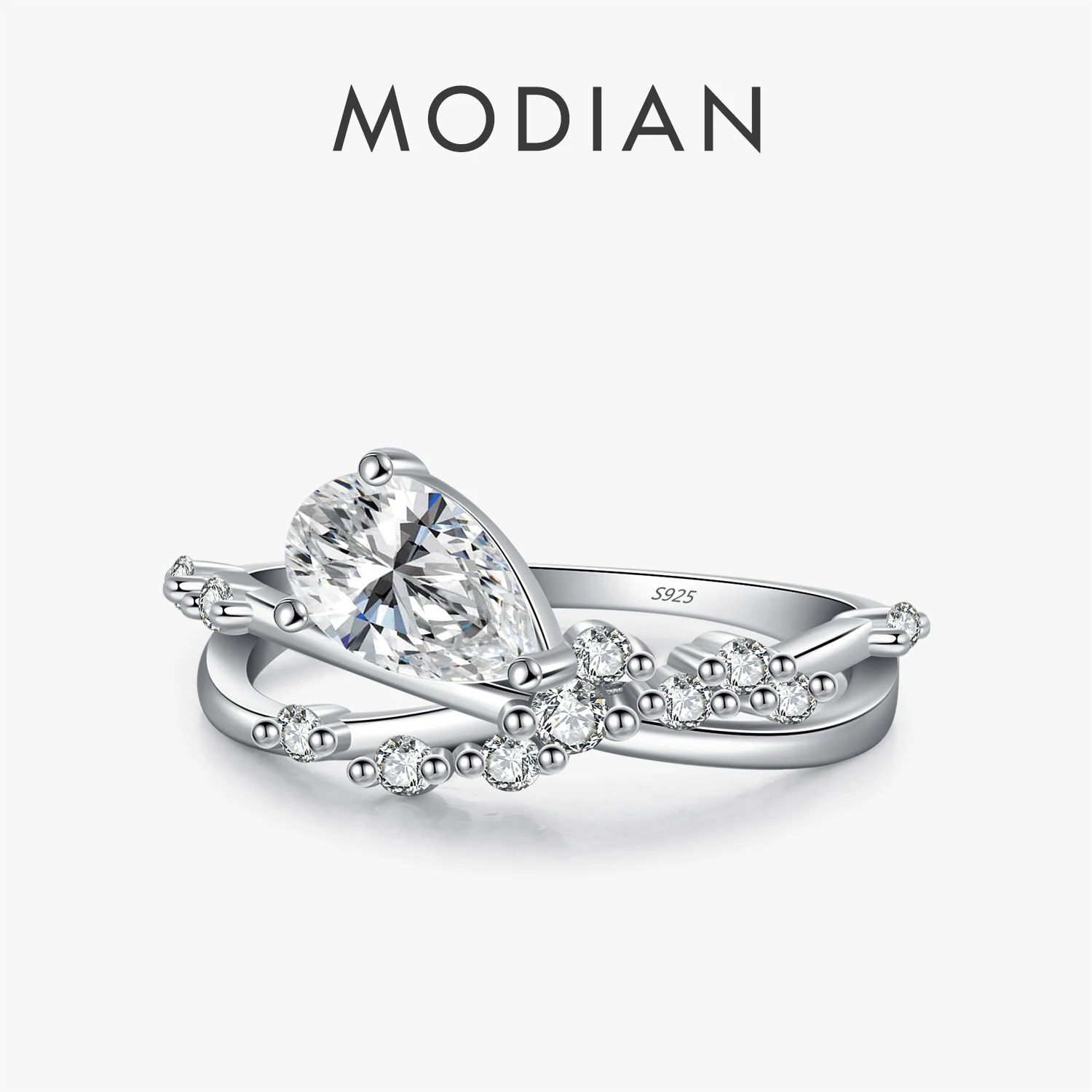 MODIAN-Entangled-Lines-Design-Rings-925-Sterling-Silver-Sparkling-Water-Drop-Clear-CZ-Finger ...