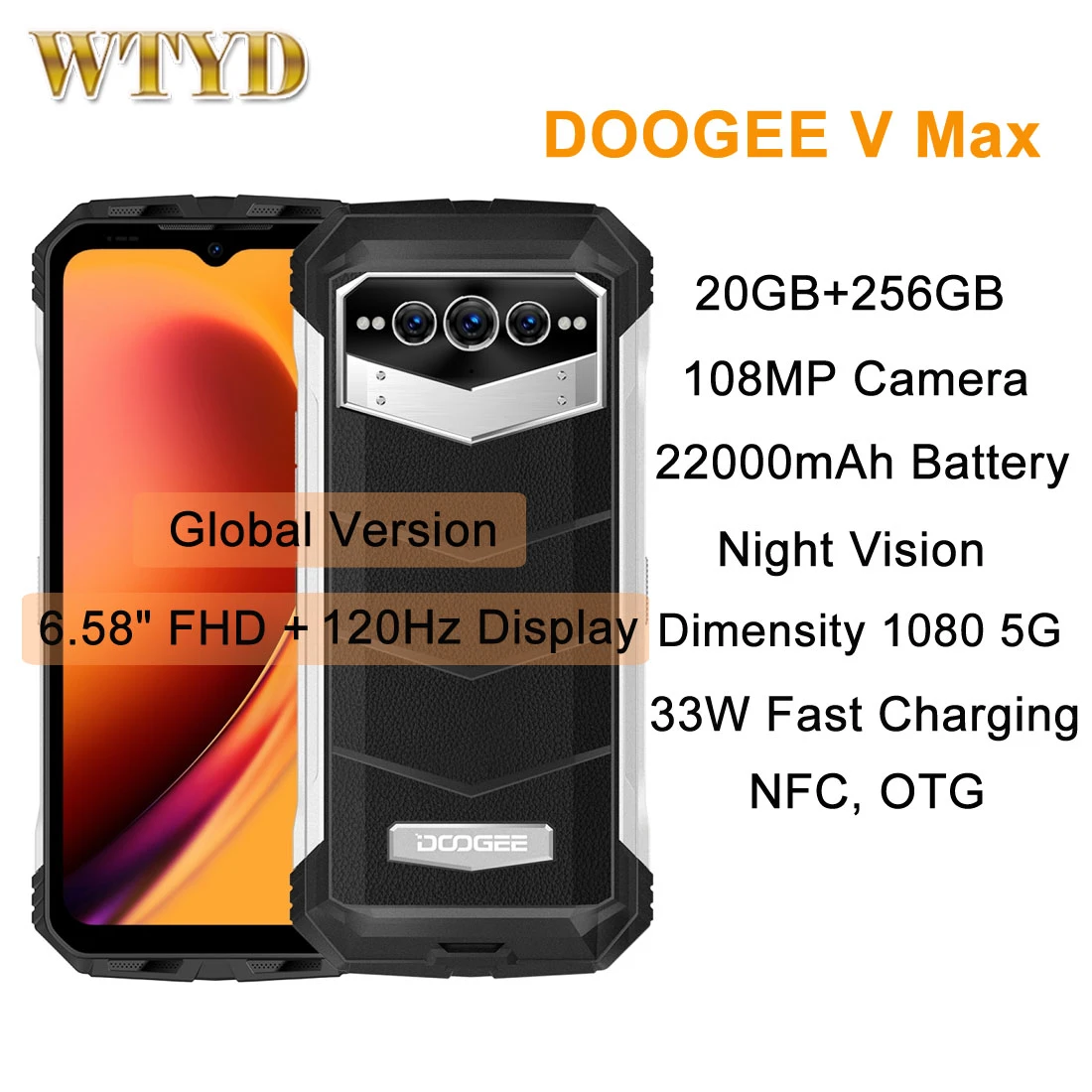 Doogee V Max 5g Rugged Phone 108mp Camera Night Vision 20gb 256gb Cell Phone 22000 Mah 120hz ...