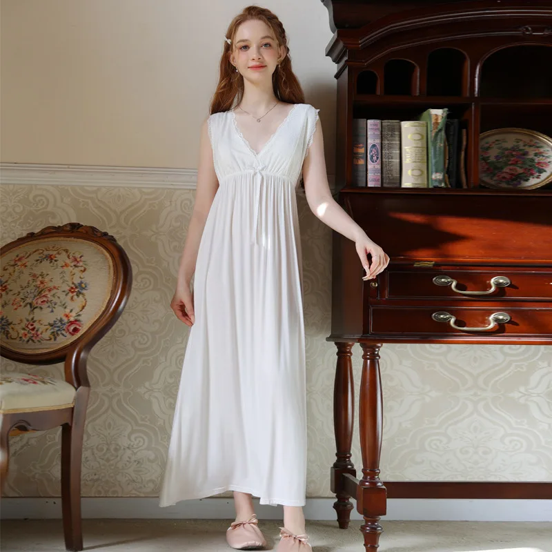 Women Sexy V-Neck Soft Viscose Long Nightdress Summer Sleeveless Ankle ...