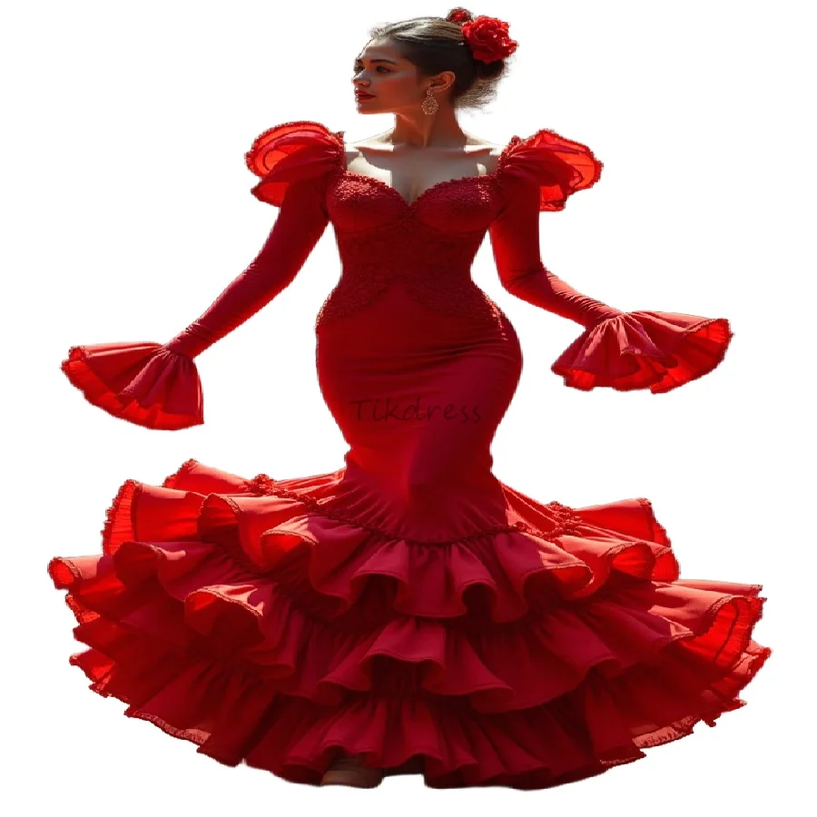 Gorgeous Red Mermaid Prom Dress 2025 Cascading Lace Long Sleeve Evening ...