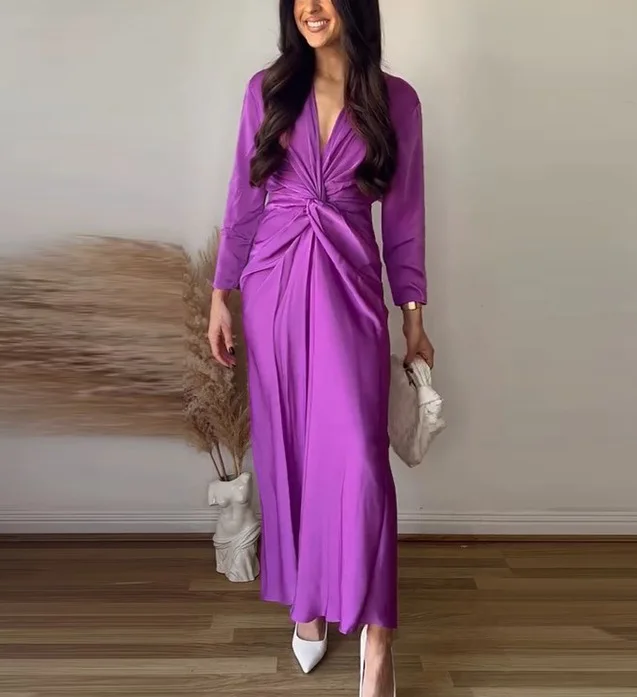 Elegant-Ladies-Solid-Color-Dress-Women-Autumn-V-Neck-Satin-Pleated-Long ...