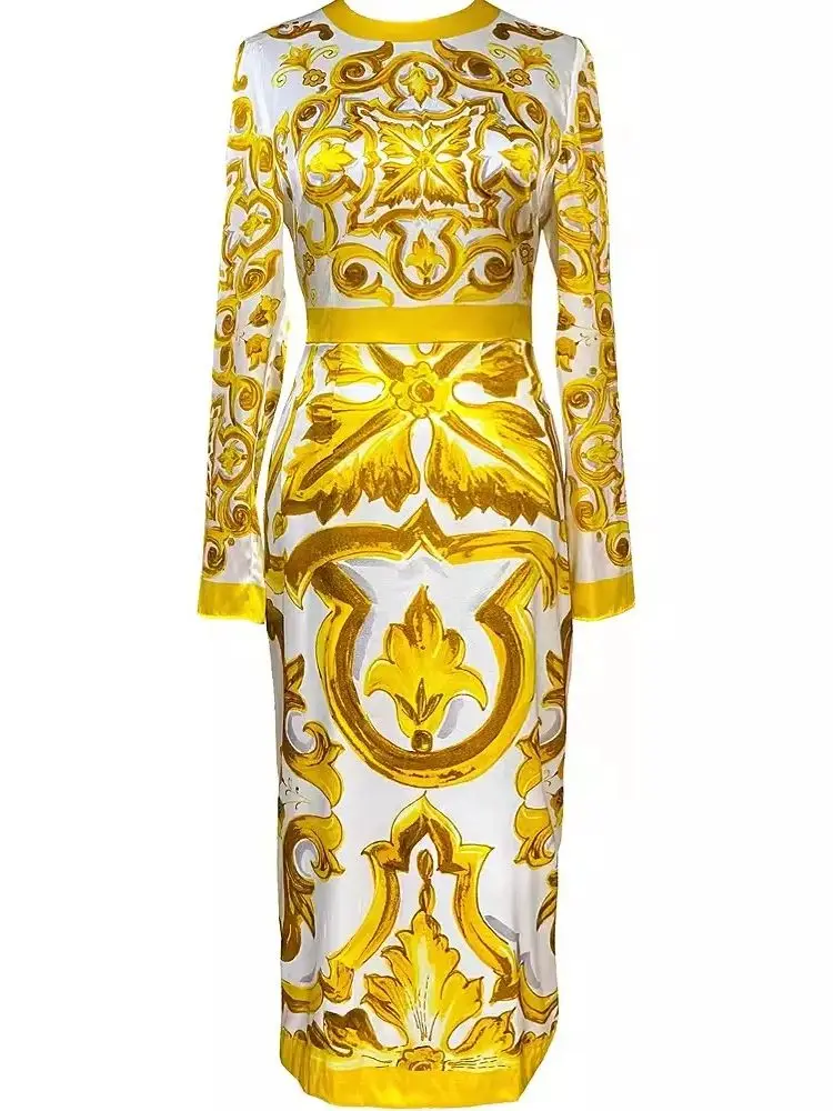 Autumn-Runway-Yellow-Red-Blue-And-White-Porcelain-Pencil-Dress-Women ...