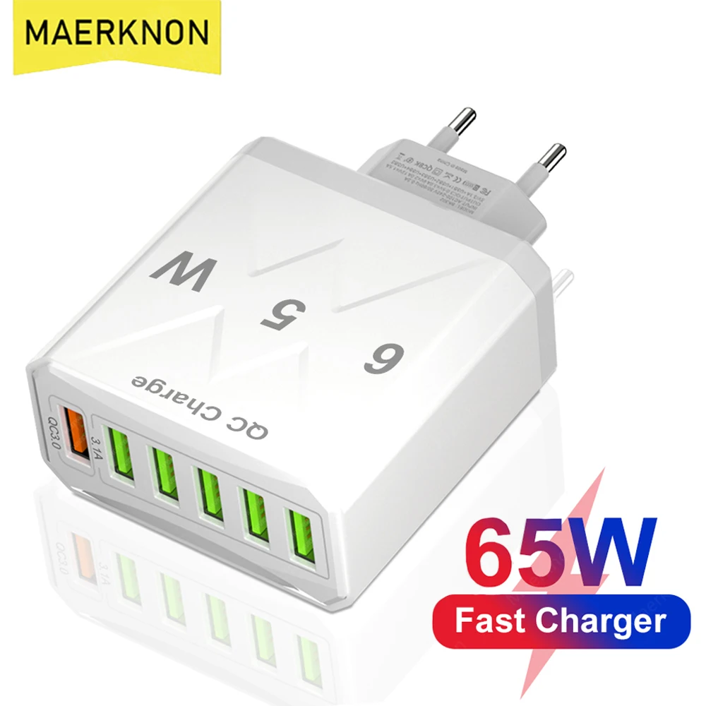 65W USB Charger 6 Ports Fast Charging Phone Power Adapter For iPhone 14 ...