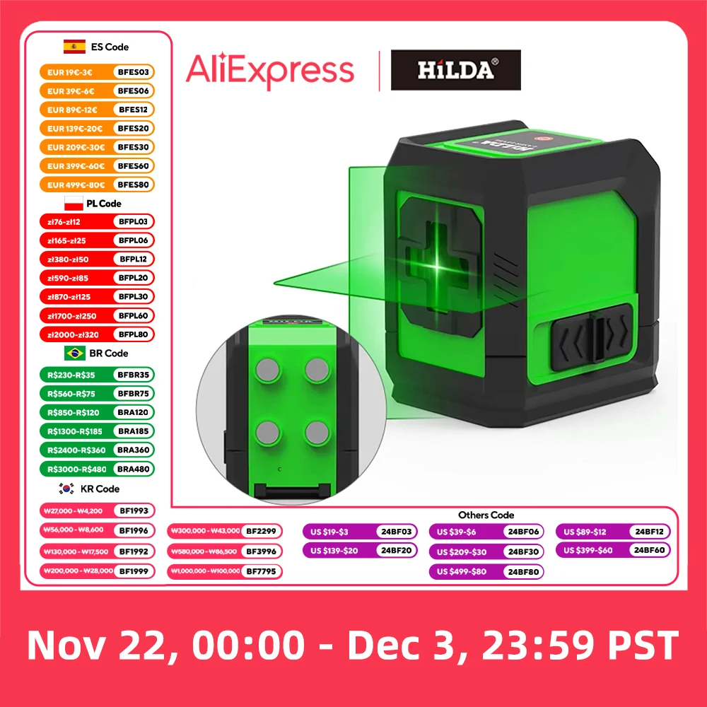 HILDA-2-Lines-Laser-Level-Green-Beam-Self-Levelling-Back-With-Magnet ...