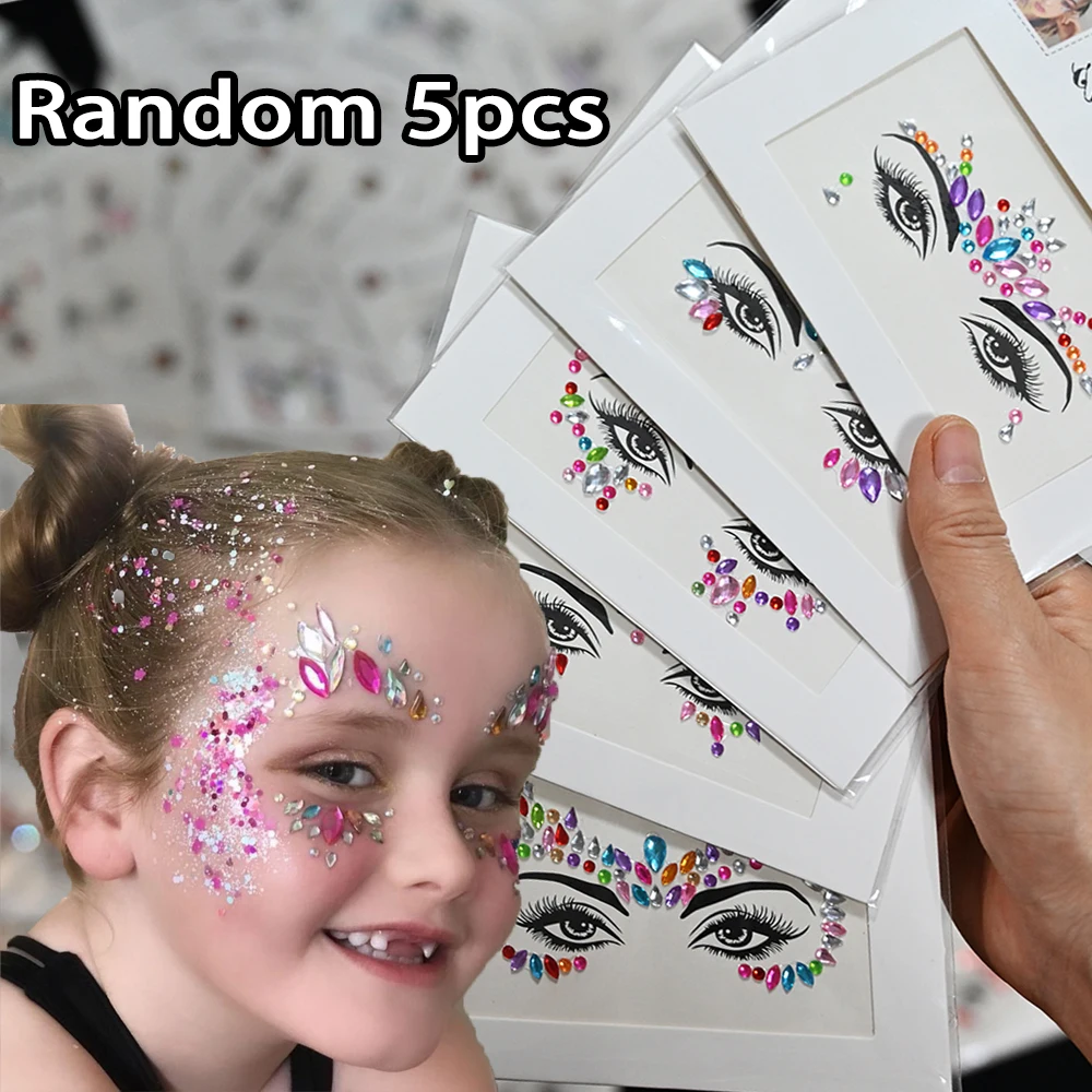 5pcs Sparkle Rhinestone Child Face Stickers 5 Style Bling Crystal Gem ...