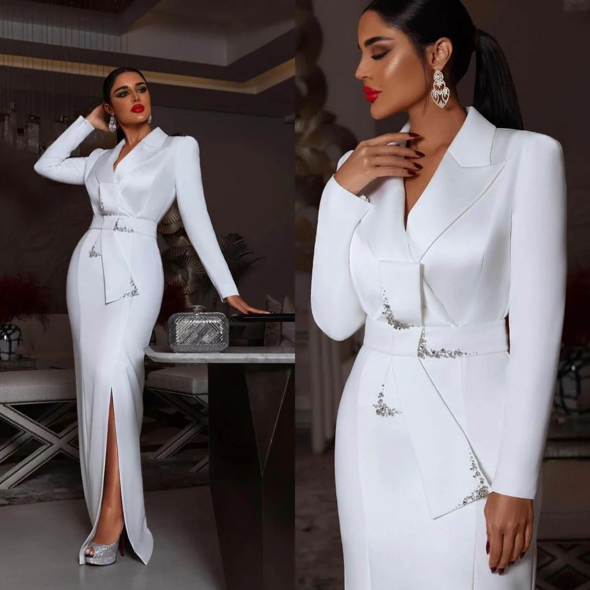 Slim-Fit-Women-Blazer-Dress-Jacket-With-Beading-Belt-Prom-Evening-Guest ...