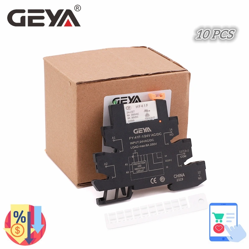 10PCS GEYA Din Rail Slim Relay Module HF-41F Integrated PCB Mount Power ...