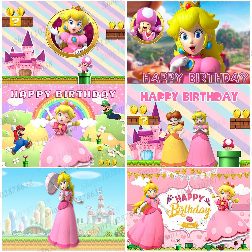 Princess Peach Party Backdrop Decor Pink Super Mario Theme Kid Girl ...