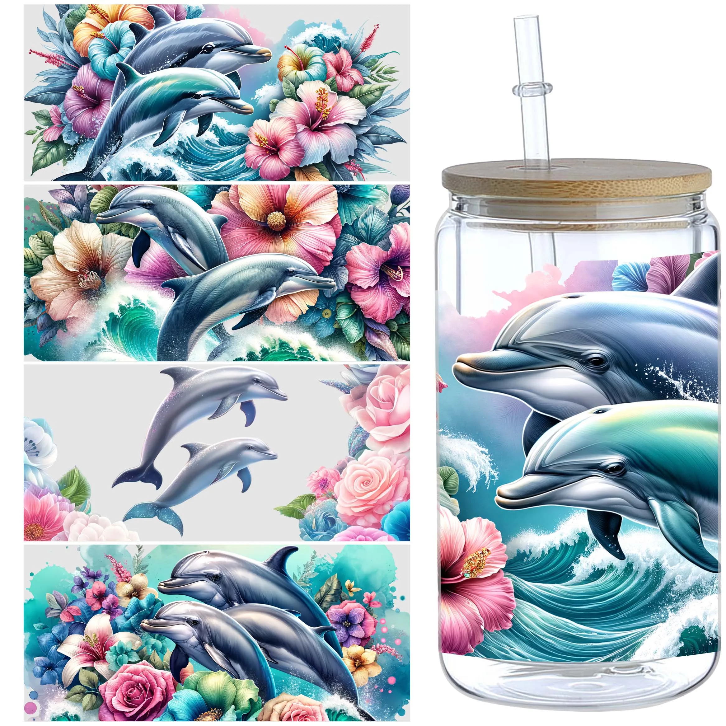 5 Sheets Dolphin UV DTF Cup Stickers for 16oz Glass, Waterproof UV DTF ...