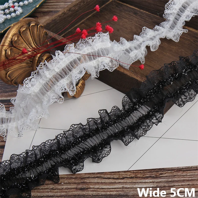 5CM-Wide-White-Black-Mesh-Elastic-Pleated-Lace-Fabric-Embroidery-Ribbon ...