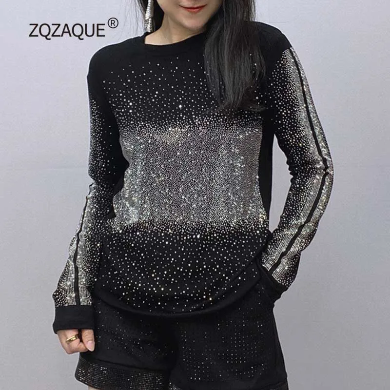 Women-s-High-Stretch-Long-Sleeve-Top-Drill-Diamonds-Black-T-shirt ...