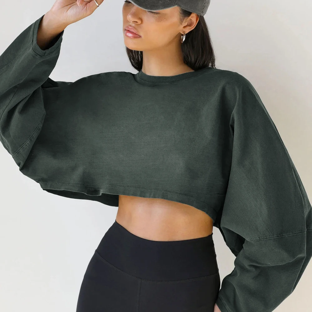 Women-Sports-Crop-Top-T-Shirts-Gym-Clothing-Yoga-Loose-Tops-Long-Sleeve ...