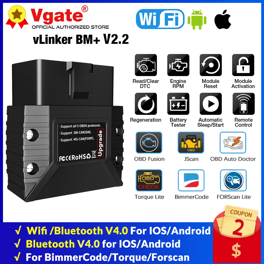 Vgate Vlinker Mc+ Elm327 V2.2 Wifi Obd2 Scanner Bluetooth-compatible ...