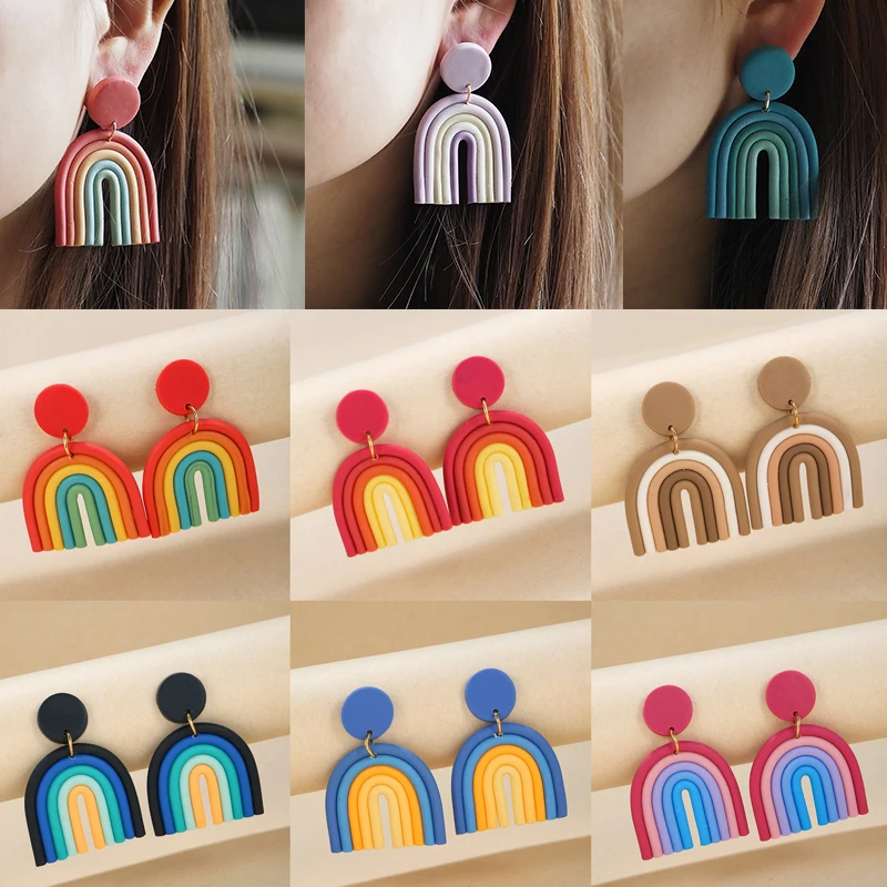 Cartoon Soft Pottery Rainbow Earrings Sweet Cute Stitching Stud Earring U shaped Personality ...