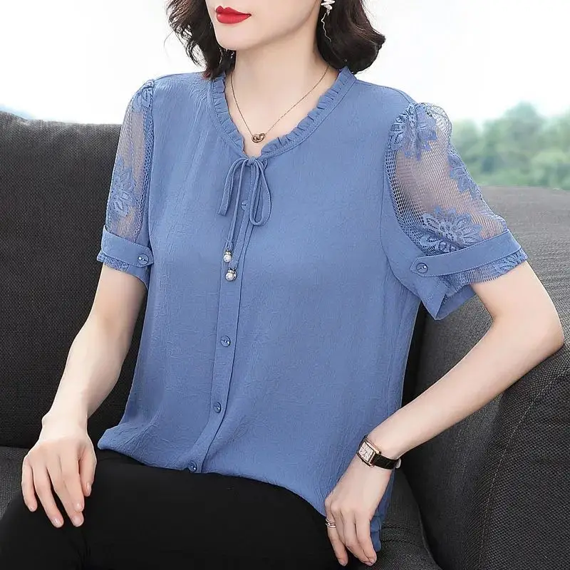 패션 솔리드 대형 쉬폰 바닥 블라우스 숙녀 여름 반팔 플러스 사이즈 루즈한 셔츠 탑 캐주얼 심플한 여성 의류