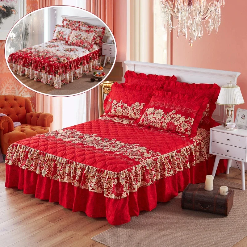 3-Pcs-Set-Modern-Pink-Red-Bedspread-Cool-Bed-Skirt-Machine-Washable ...