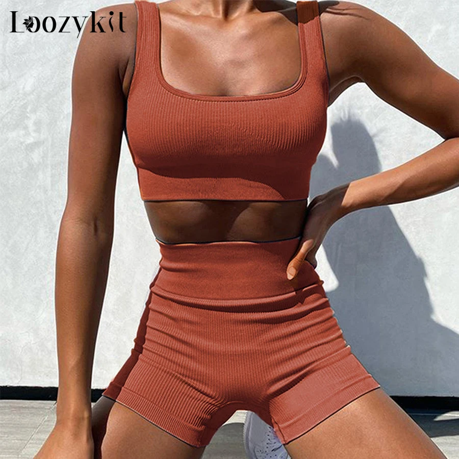 Seamless Women Yoga Bra Shorts Set Workout Sport Pants Bra Gym Clothing Short Crop Top High ...