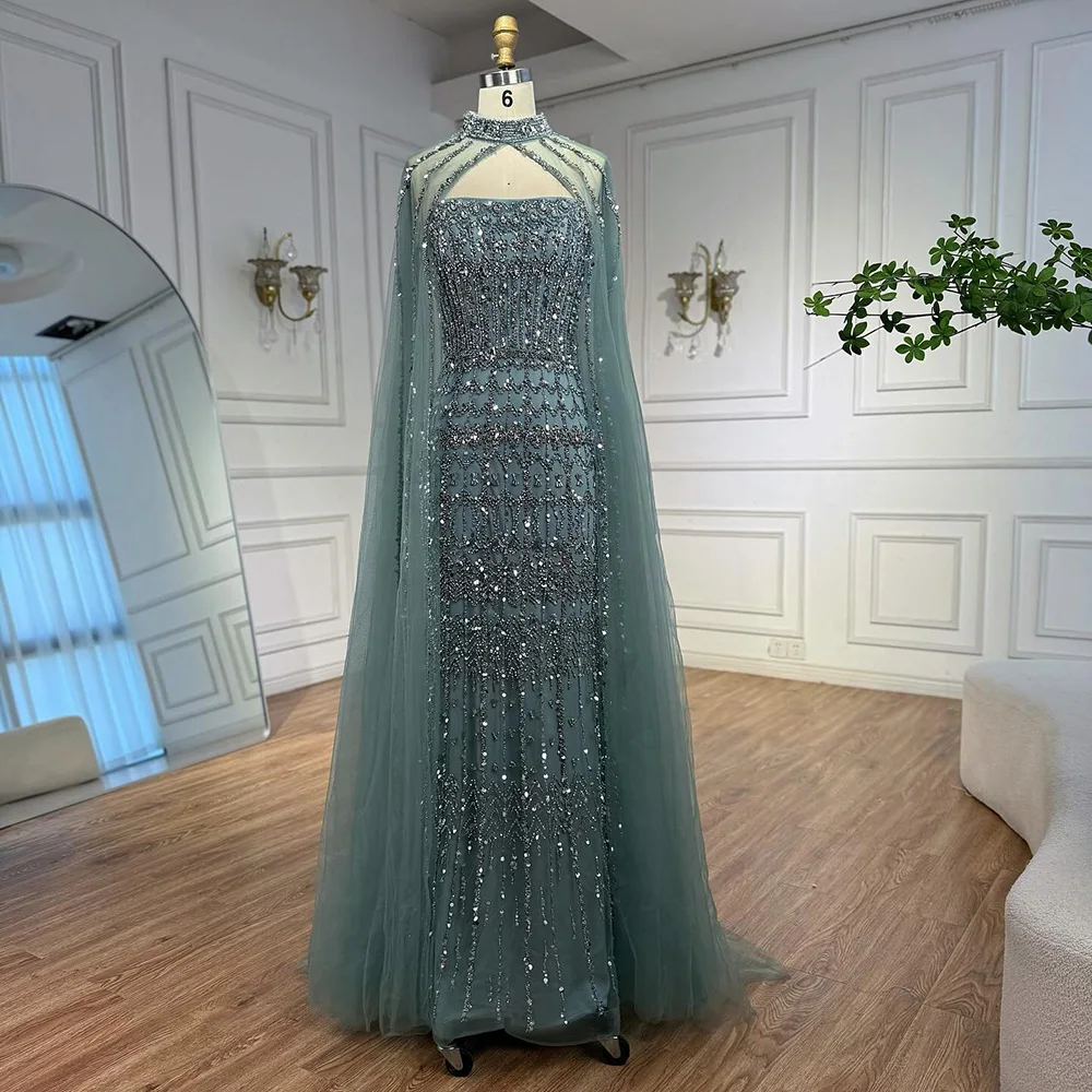 Serene Hill Turquoise Beaded Mermaid Evening Dress with Detachable Cape ...