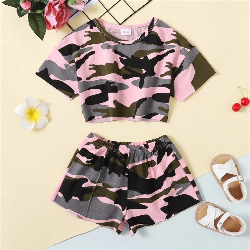 2Pcs Girl Set Summer Kid Camouflage Pattern Printed Short Sleeve Tops ...