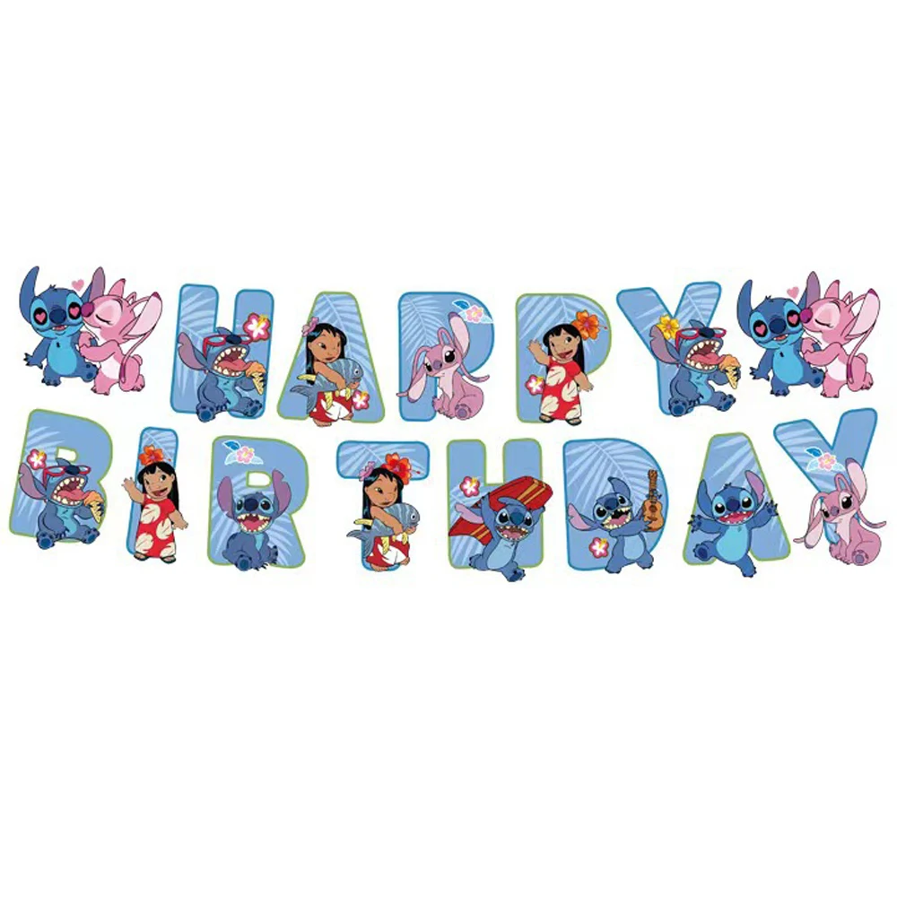 Banderines con temática de Lilo y Stitch, banderas de feliz cumpleaños ...