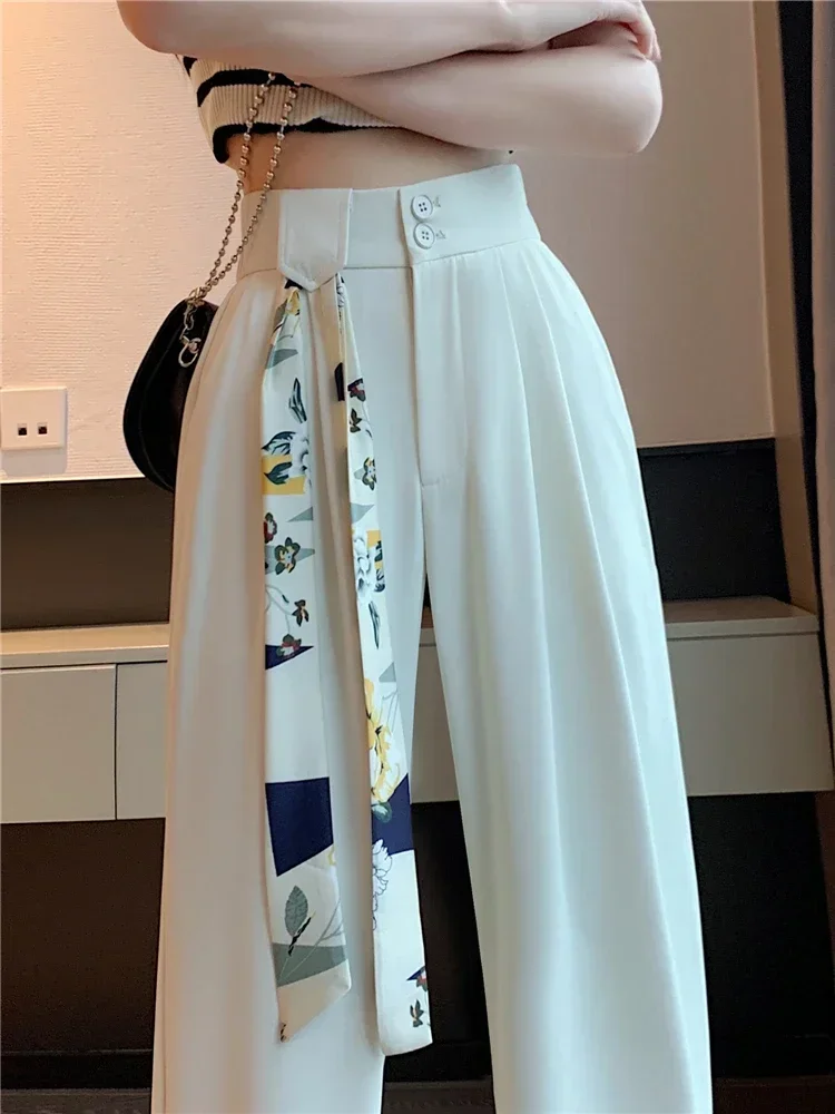 High-Waist-White-Suit-Wide-Leg-Women-Full-Pants-Sashes-Spring-Summer ...