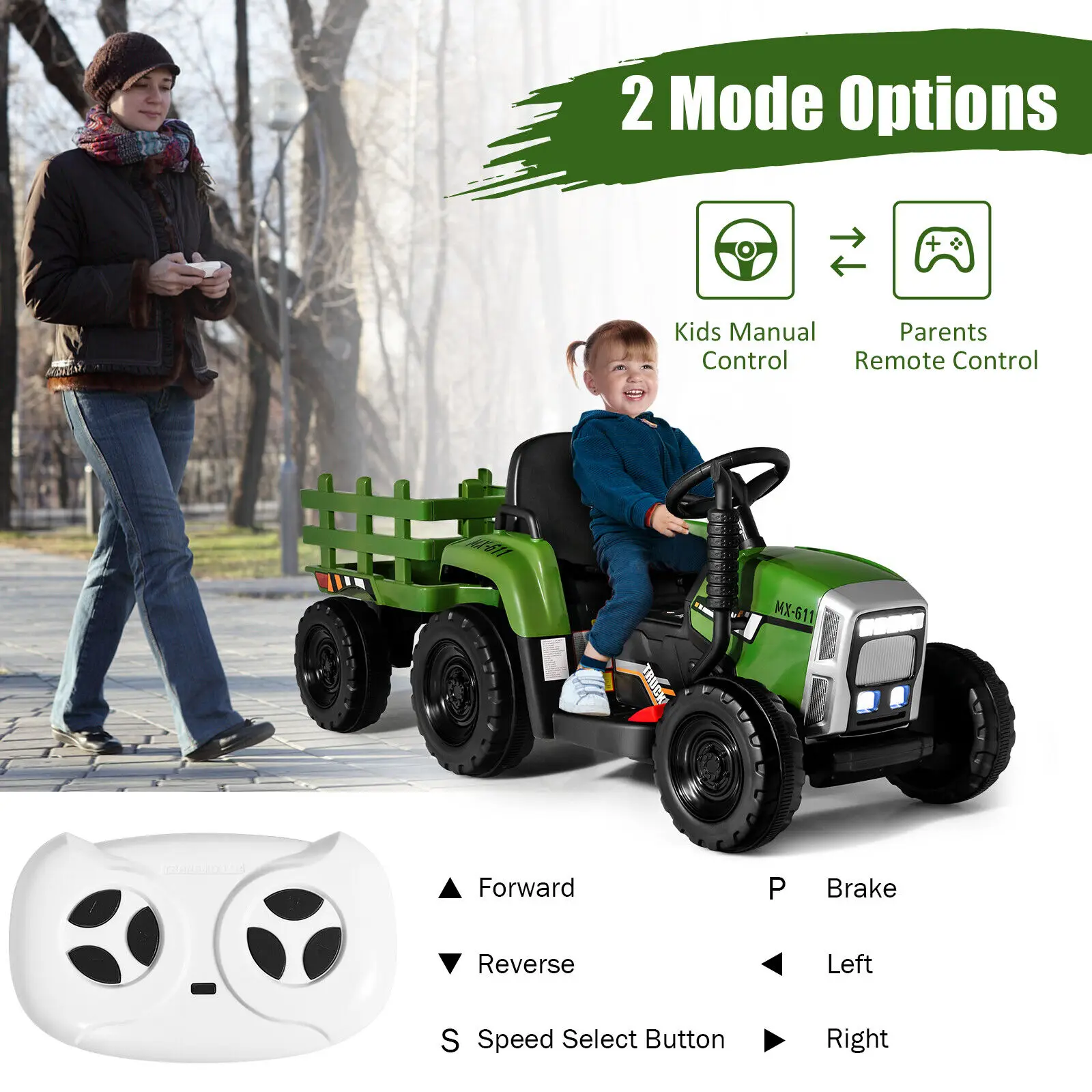 12V Kids Ride On Electric Tractor with Trailer Ground Loader with ...