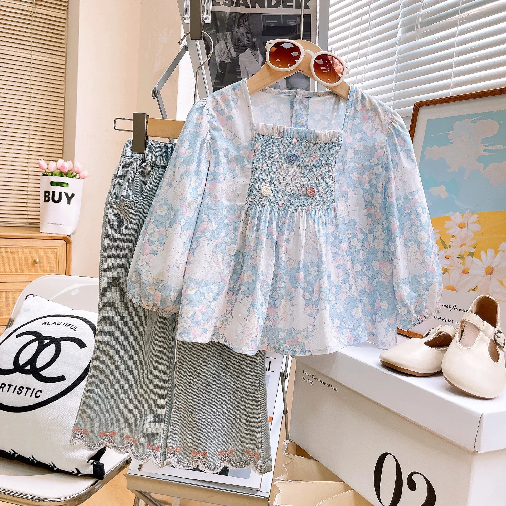Children's Clothing Sets Floral Pleated Doll Shirt + Embroidered Jeans ...