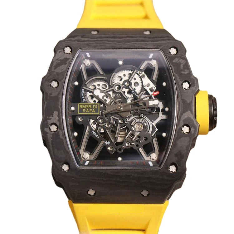 Men Skeleton Carbon Fiber Automatic Mechanical Watch Blue Red Rubber ...