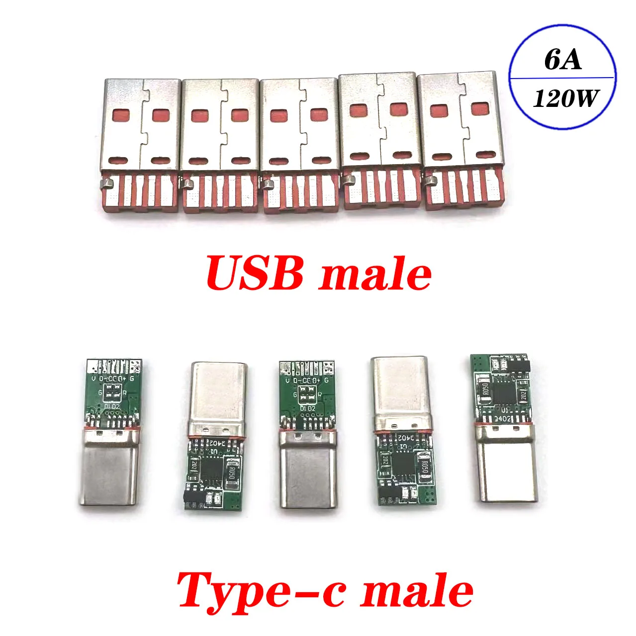 5sets Fast Charge Type-C USB 2.0 120W 6A Male Connector Welding With IC ...