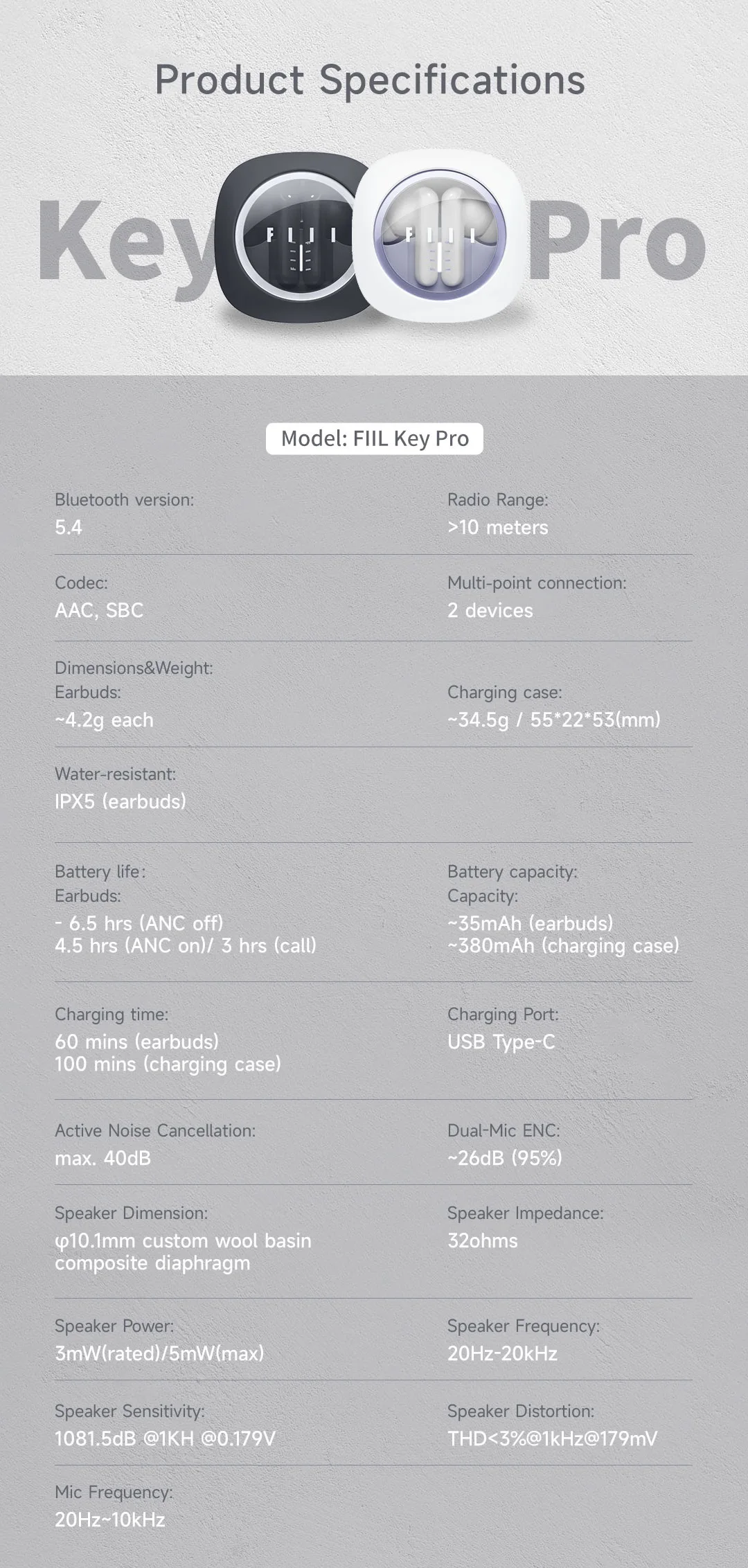 FIIL Key Pro Wireless Bluetooth 5.4 TWS Earphones with 40dB ANC Active ...