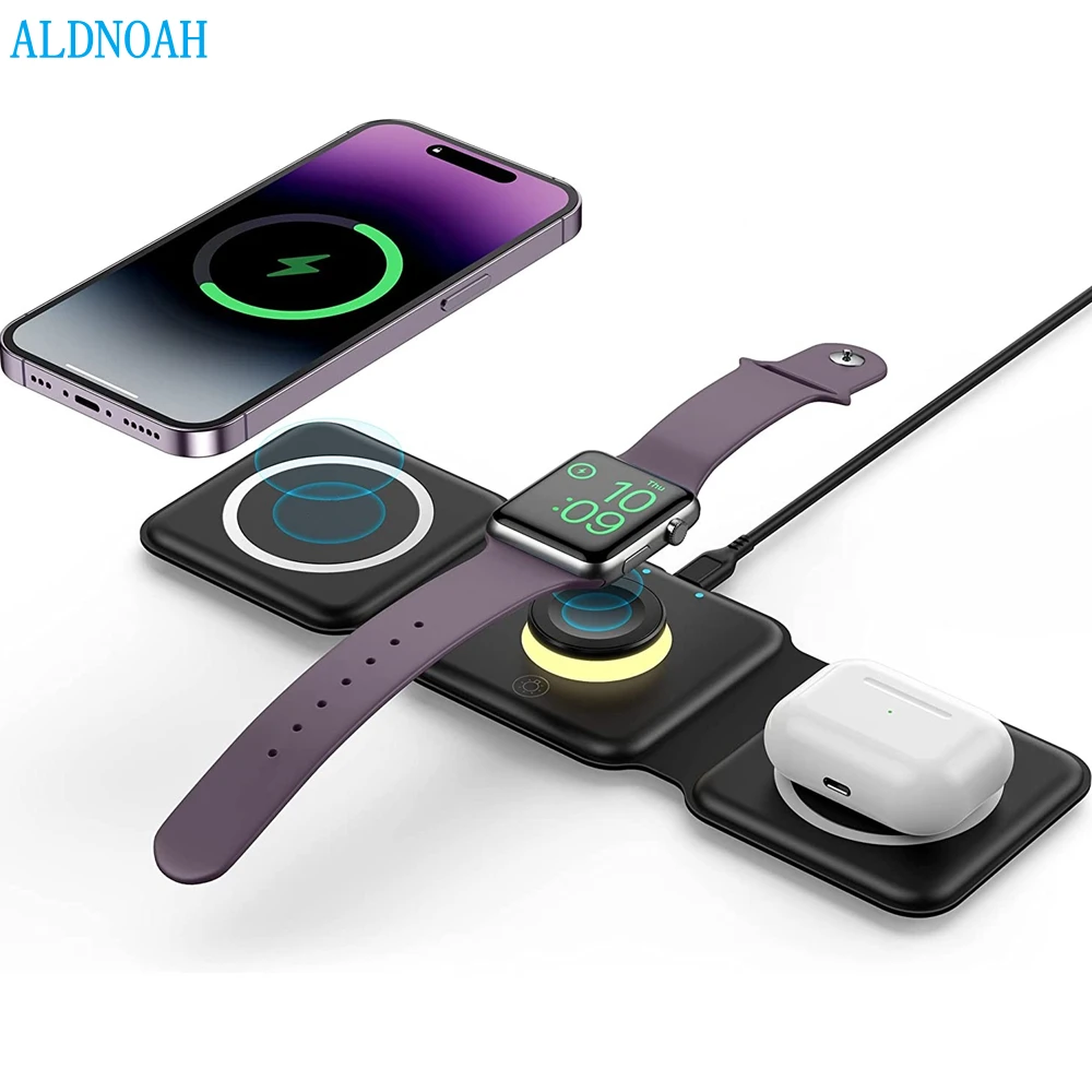 15W Magnetic Wireless Charger 3 in 1 Stand Foldable for iPhone 14 13 12 ...