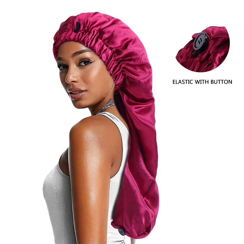 New Women Long Satin Bonnet Large Sleep Cap With Button Braids Elastic ...