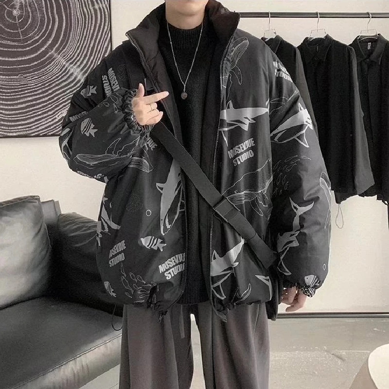 Men's Winter Parkas Casual Shark Print Fluffy Jacket Harajuku Oversize Jackets Fashion ...