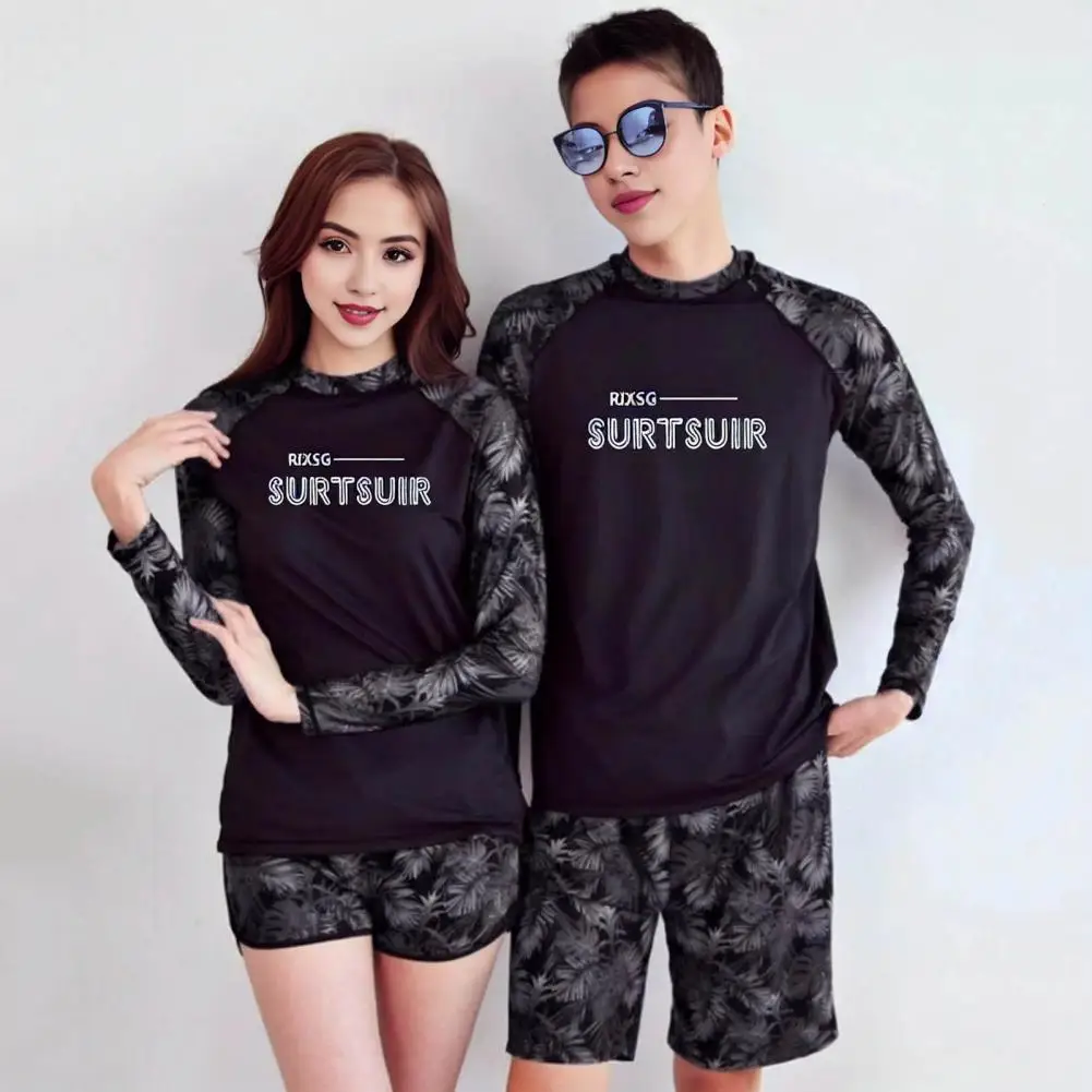 2 Pcs Couple Sport Swimsuit Breathable Leaf Print Long Sleeves Couple ...