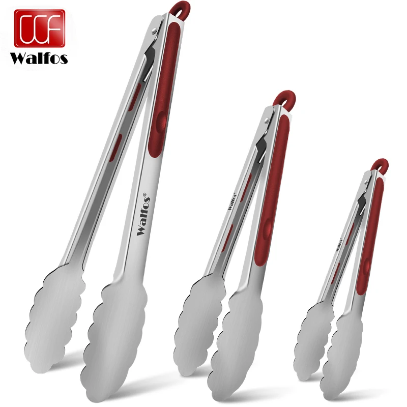 Walfos 1 Piece Red Stainless Steel Kitchen Tongs Food Grade for Cooking ...