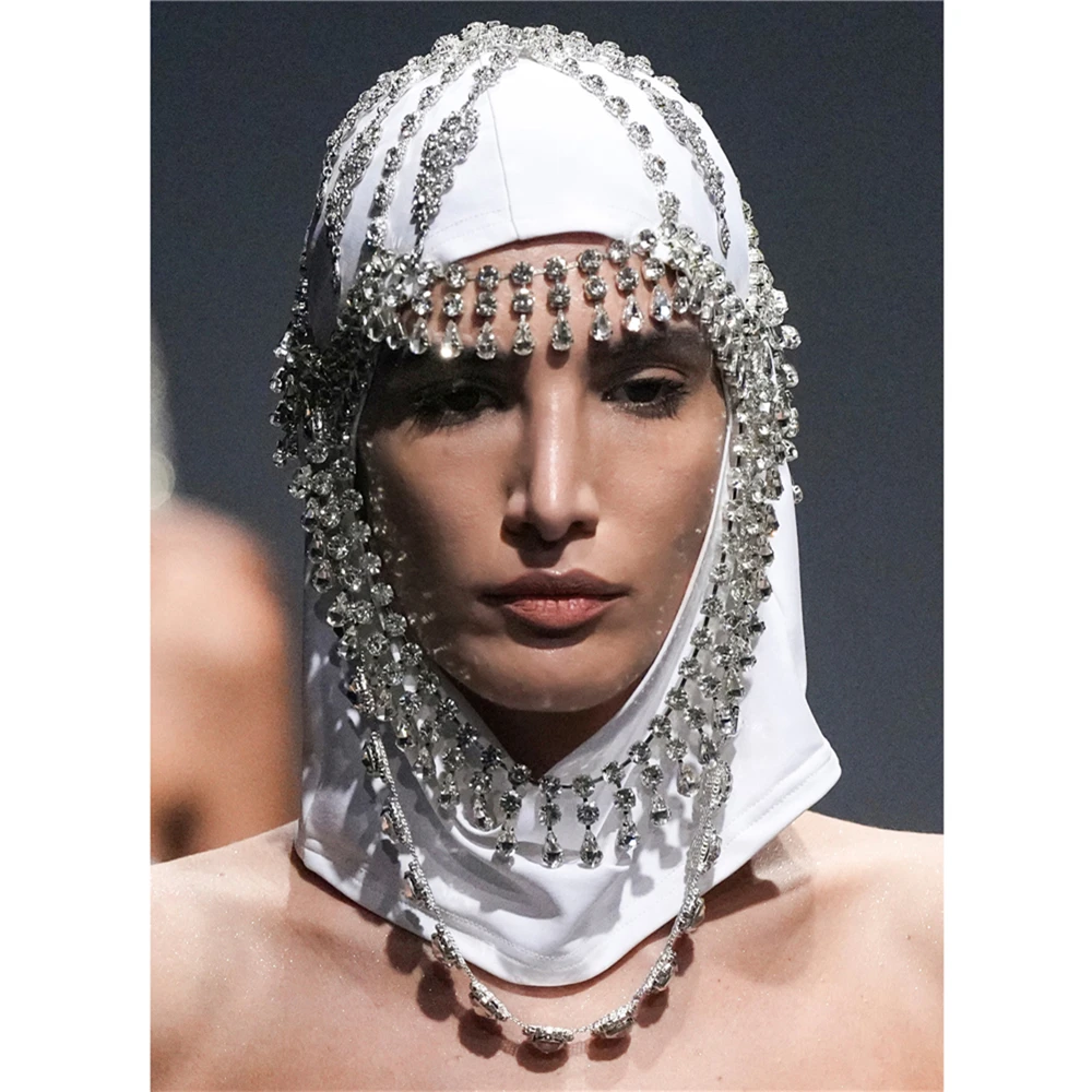 Exaggerated Rhinestone Long Tassel Headband Cover Full Head Chains ...