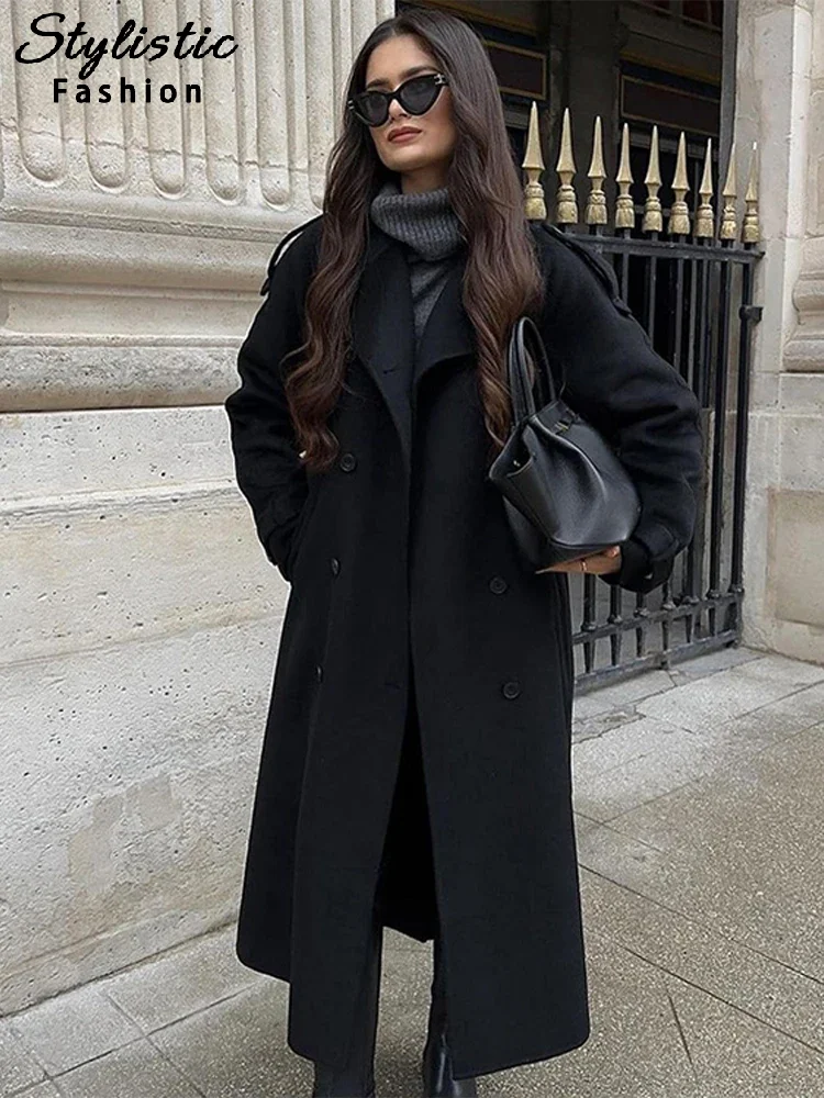 Long Trench Coats With Belt Women Solid Lapel Double Breasted Full ...