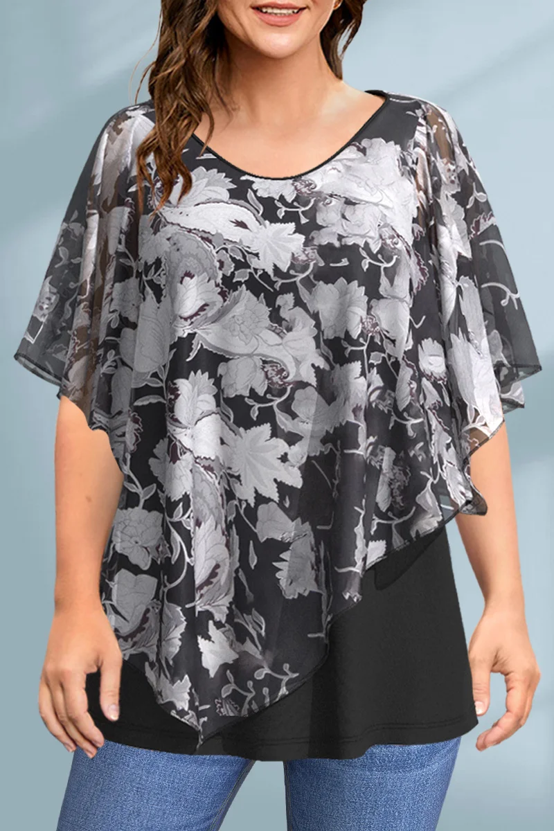 Plus-Size-Women-Blouse-Cloak-Loose-Casual-Floral-Print-Ruffle-Batwing ...