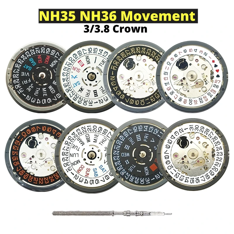 Japan-Seiko-NH35-NH36-Movement-Black-White-Gold-Arabic-Date-nh35a-nh36a ...