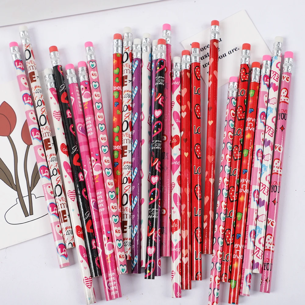24Pcs Heart Love Wooden Writing HB Pencil with Eraser for Valentine's ...