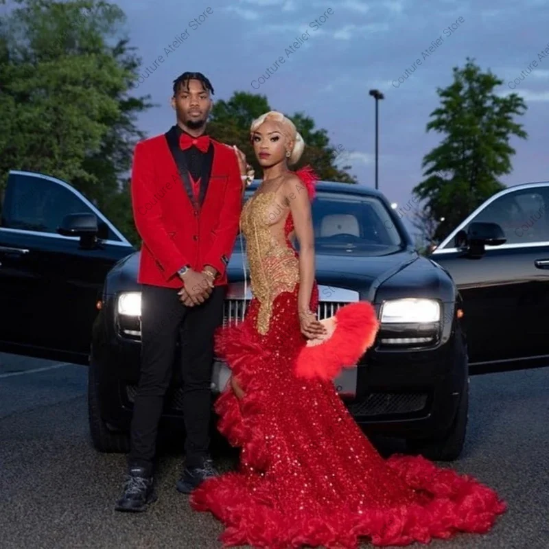 Customized Glitter Red Sequins Mermaid Prom Dress Gold Diamond Crystal ...