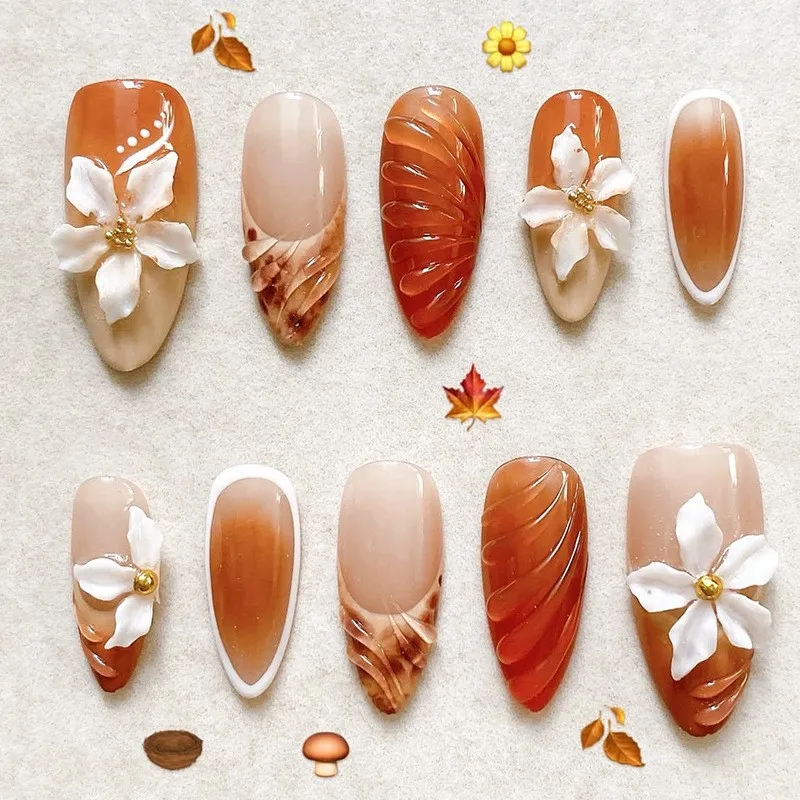 24Pcs Mid-length Almond False Nails Tips Orange Gradient Leopard Print ...