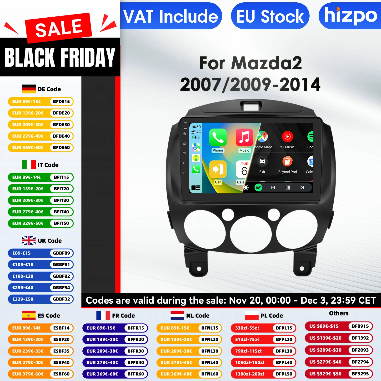 Hizpo 2Din Android 14 Car Multimedia Player for MAZDA 2 Mazda2 2007 ...