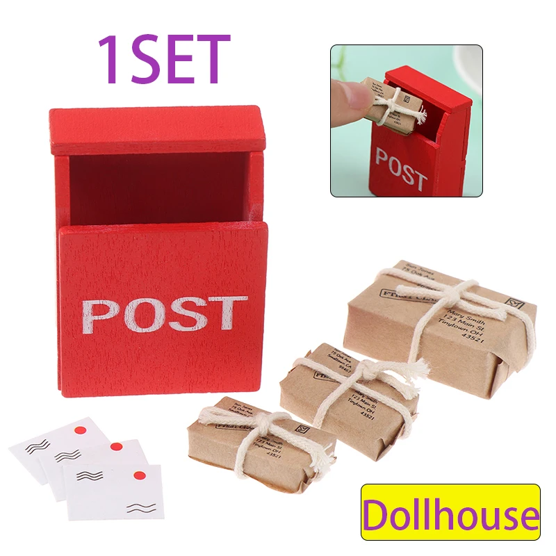 1Set 1:12 Dollhouse Miniature Letter Box Red Mailbox With Mail Sack ...