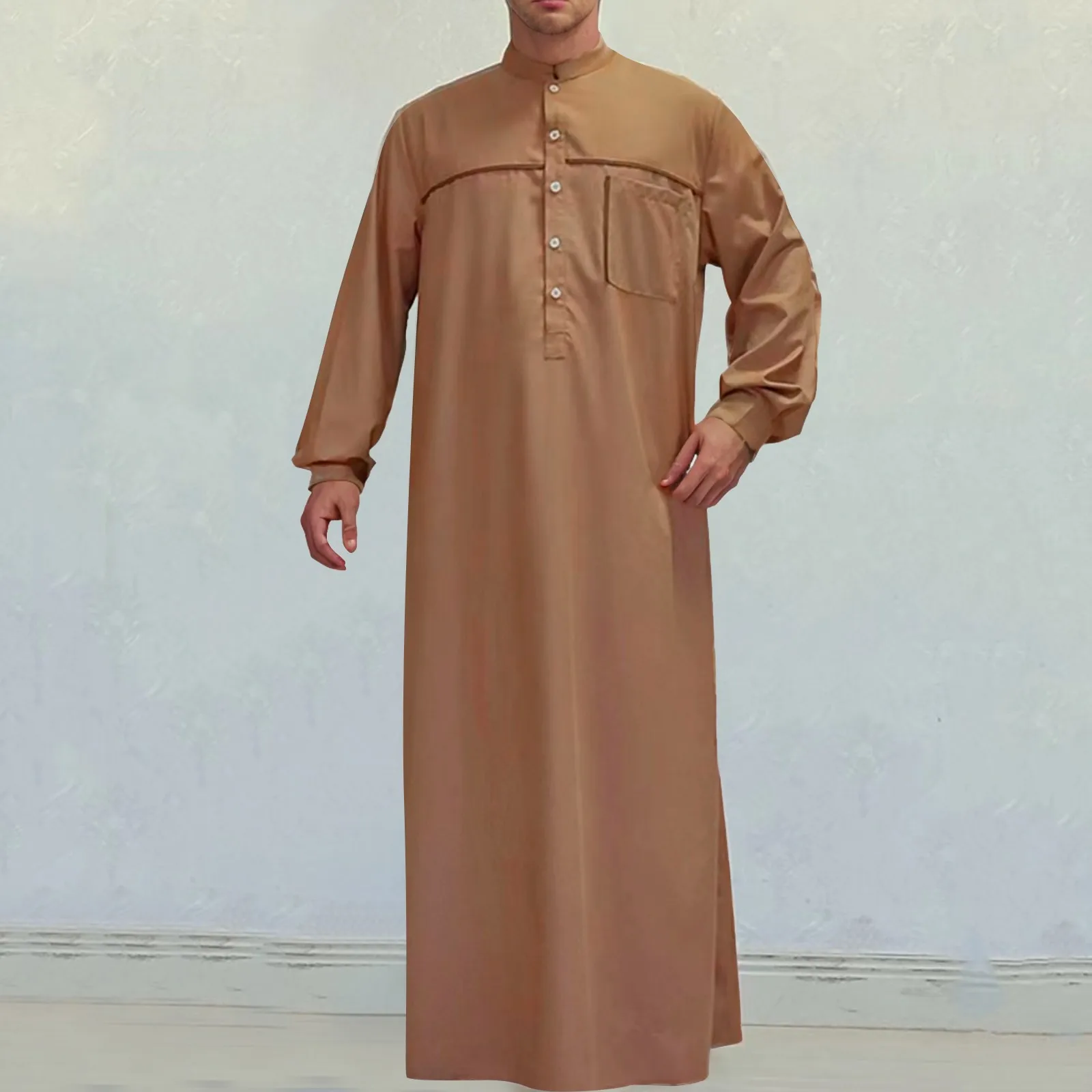 Muslim-Men-Jubba-Thobe-Long-Sleeve-Pocket-Solid-Color-Breathable-Robes ...