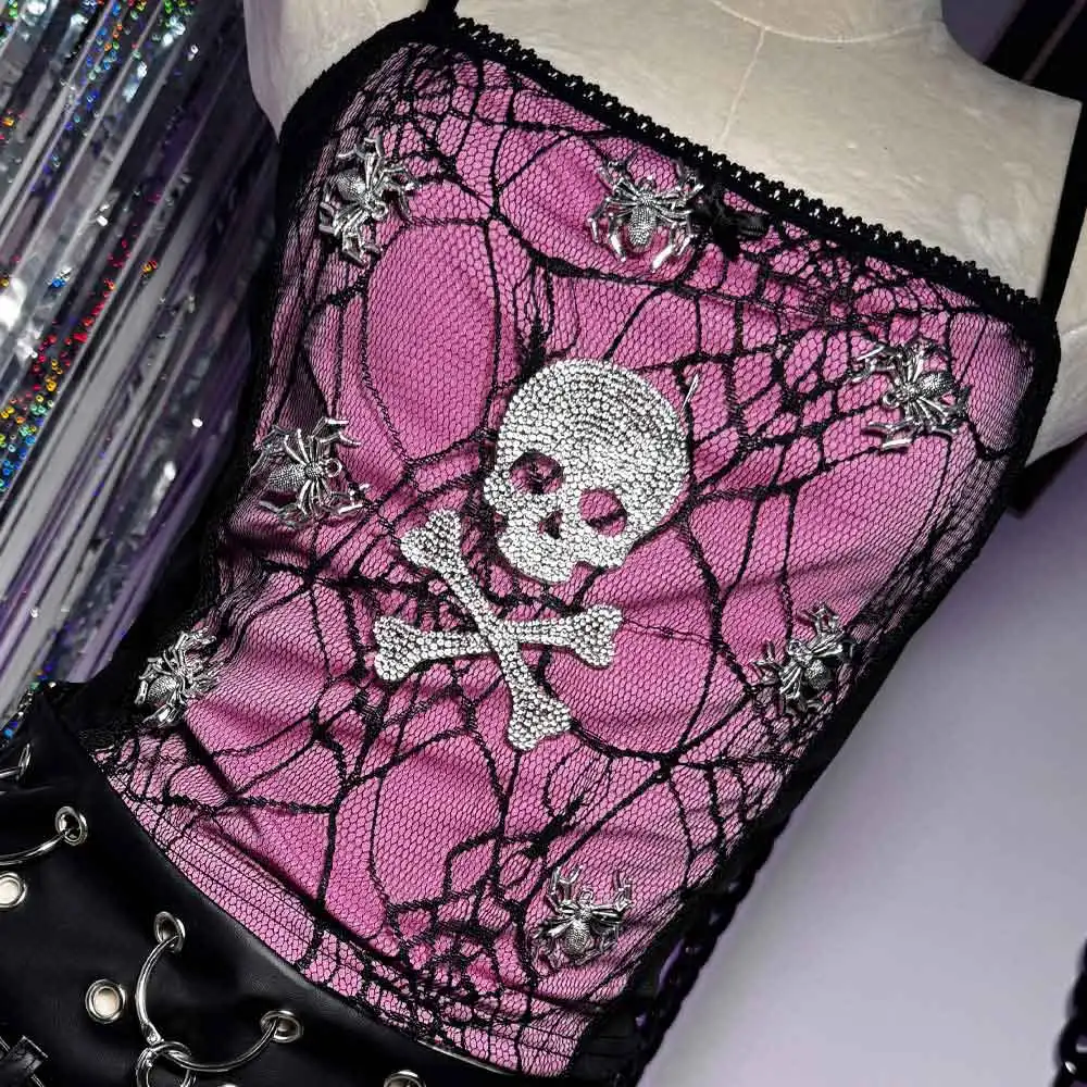 Pink Gothic Punk Rock Spider Halter Camisole Emo Grunge Top Y2K Tanks ...