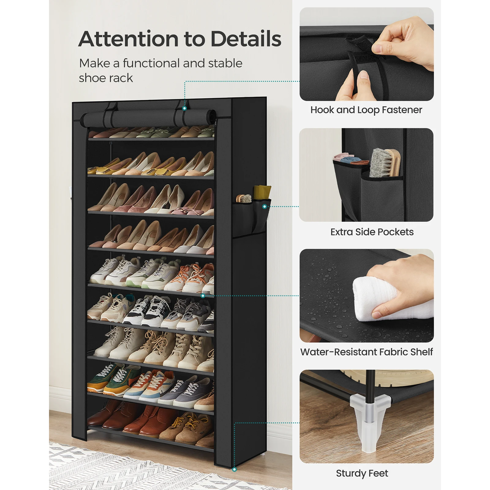 SONGMICS 10-Tier Shoes Rack with Dustproof Cover,Shoe Storage Cabinet ...
