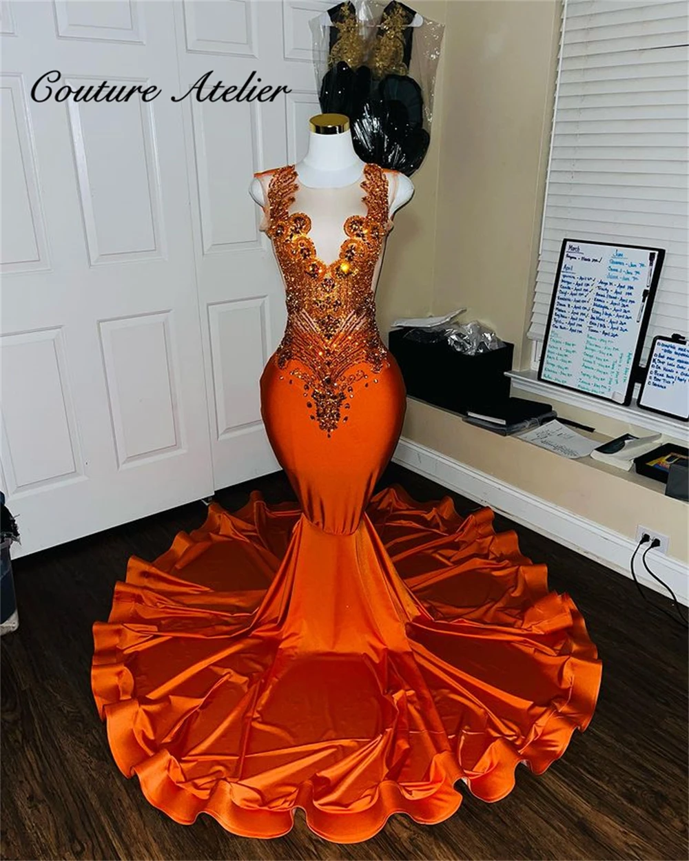 Designer-Orange-Rhinestones-Prom-Dresses-2024-For-Black-Girls-Birthday ...